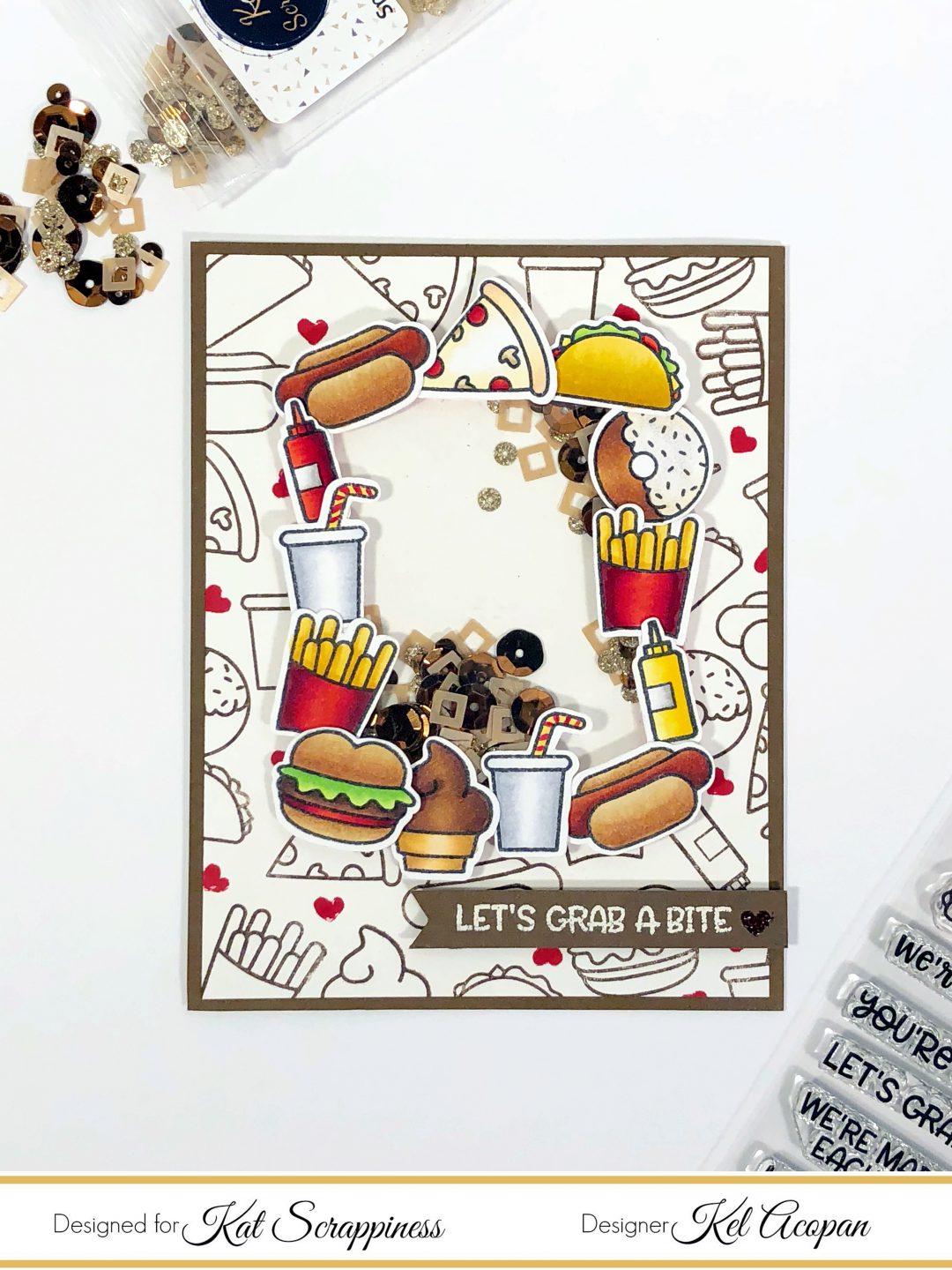 Kat Scrappiness Blog - Punny Snacks Shaker Card | Kat Scrappiness Blog